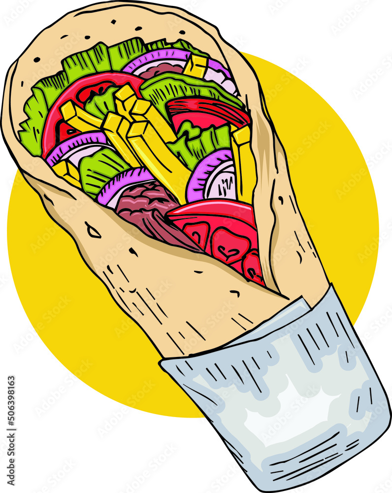 Color Vintage hand Draw Gyros classic vector design drawing, retro fast ...