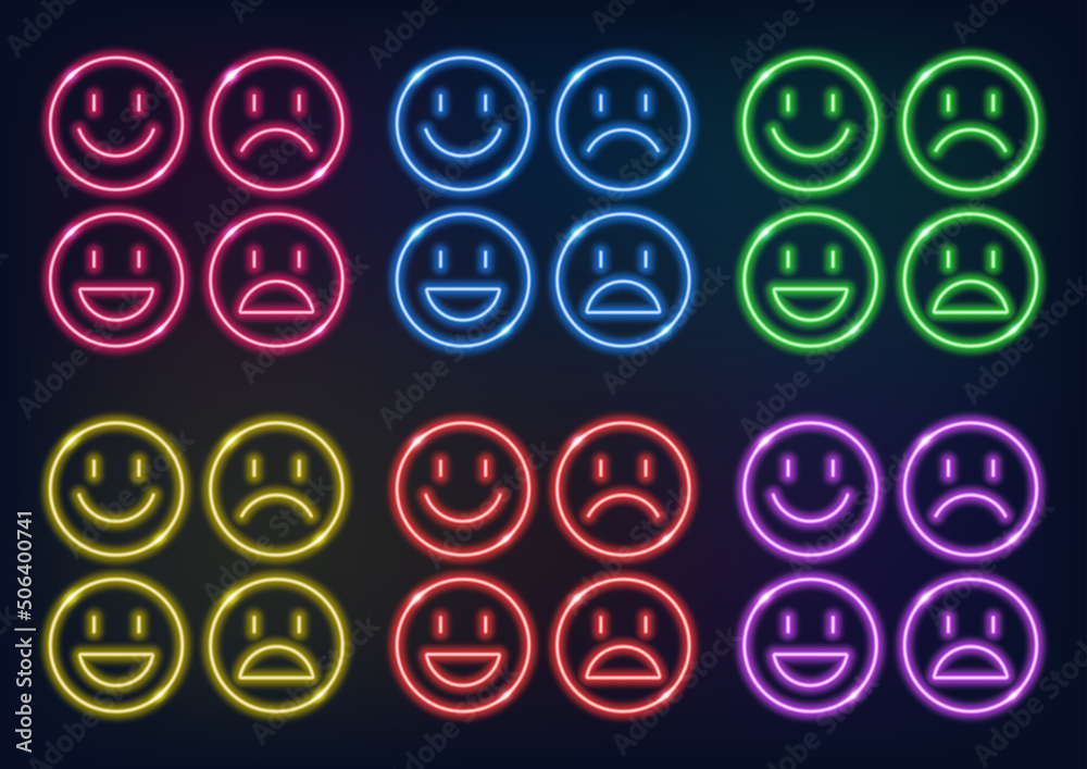 Neon frame. Set of neon emoticons in different colors. Laser glowing ...