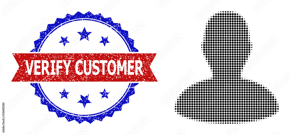 Halftone customer icon, and bicolor scratched Verify Customer stamp ...