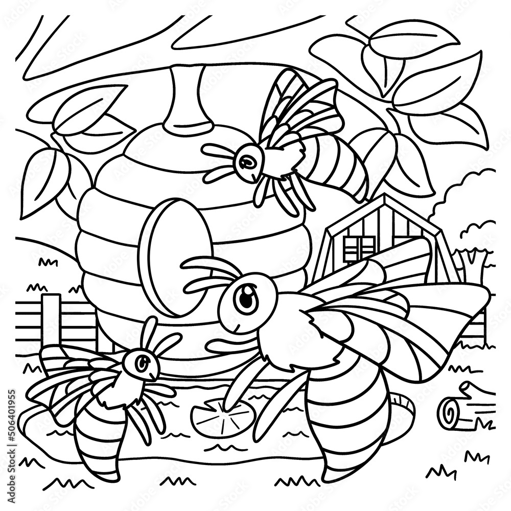 Bees With Beehive Coloring Page for Kids Stock Vector | Adobe Stock