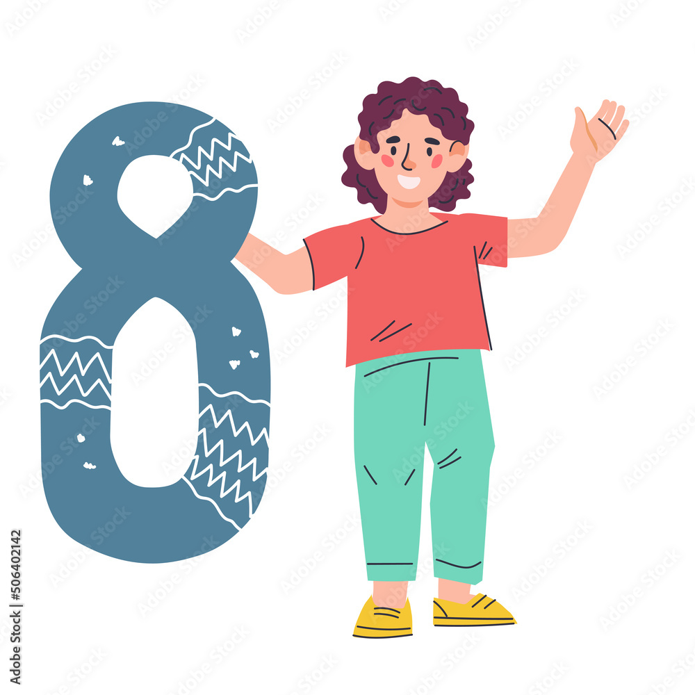 Child learning numbers, counting and mathematics. boy with number 8 in ...