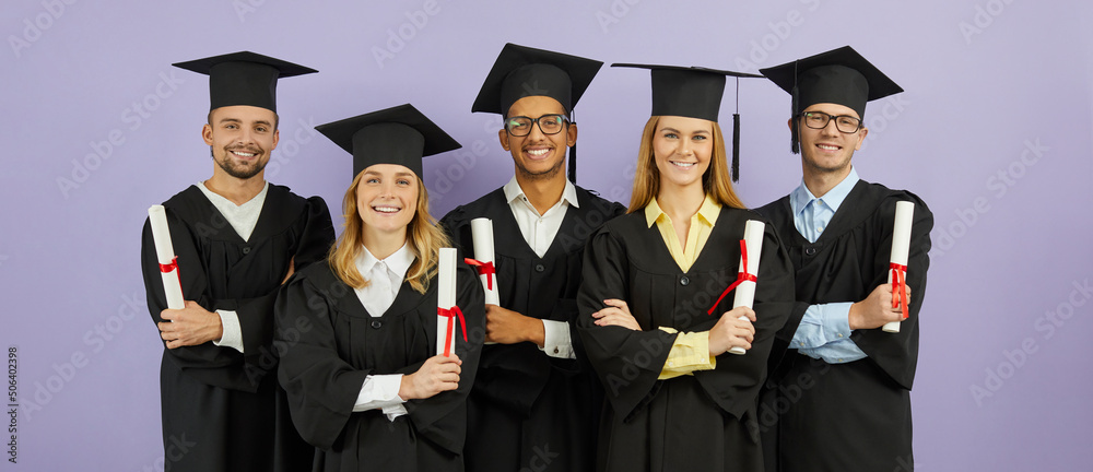 Diverse group of happy proud mixed race university students in graduate ...