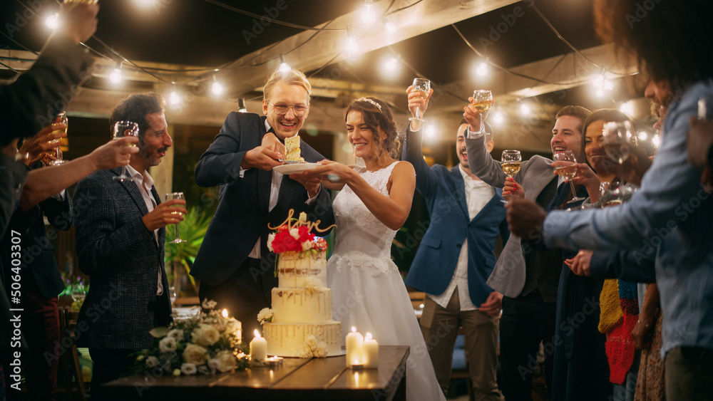 Beautiful Bride and Groom Celebrate Wedding at an Evening Reception ...