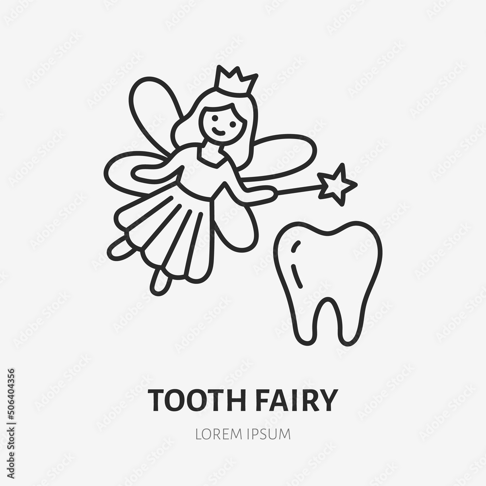 Tooth fairy doodle line icon. Vector thin outline illustration of ...