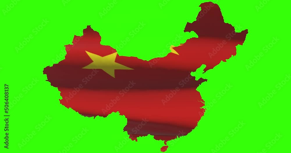 China country shape outline on green screen with national flag waving ...