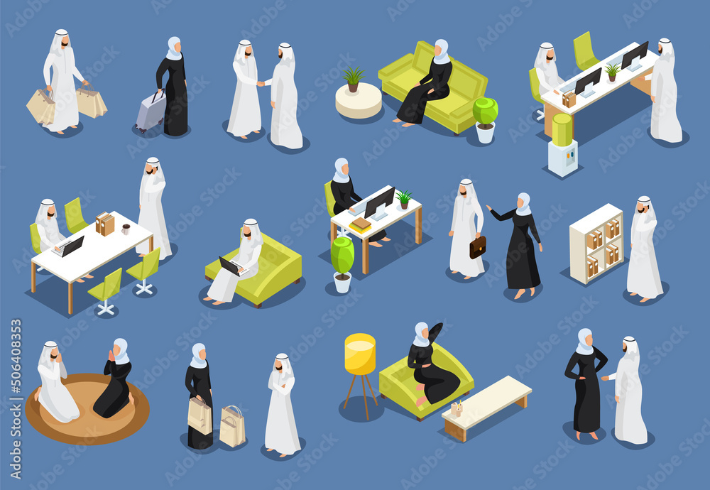 Isometric icons with arab women and arab men. Arab people talking on ...