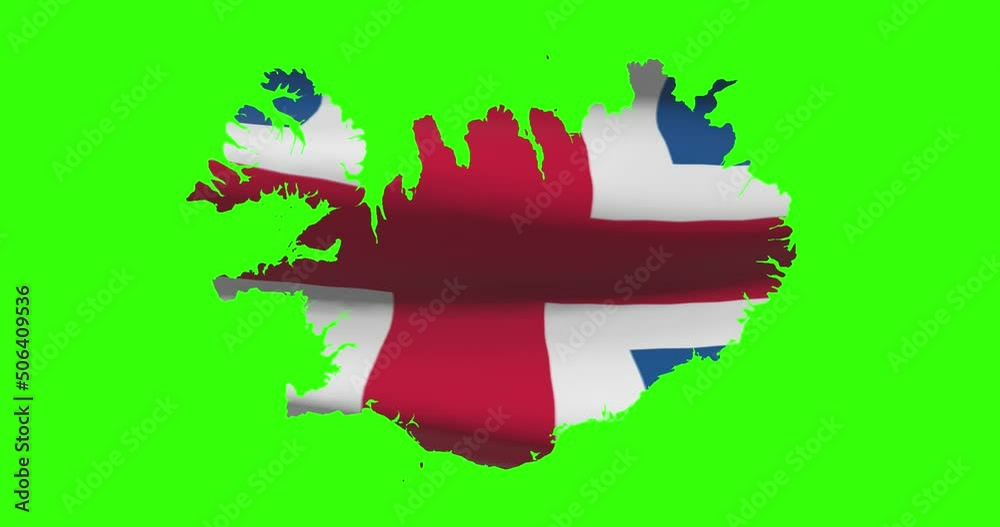 Iceland country shape outline on green screen with national flag waving ...