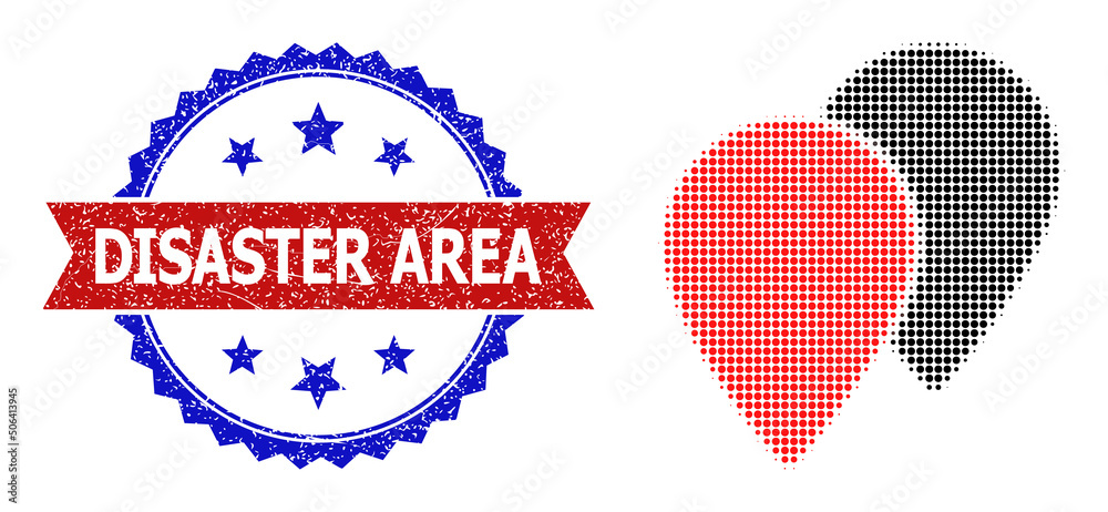 Halftone map pointers icon, and bicolor scratched Disaster Area ...