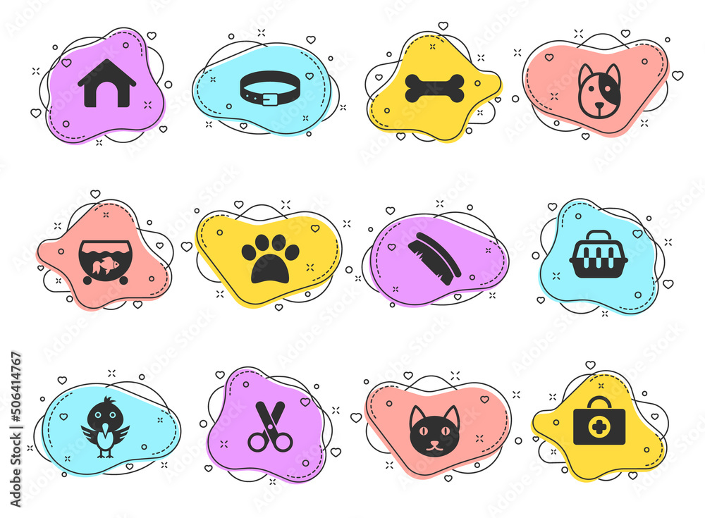 pets glyph vector icons on color bubble shapes isolated on white ...