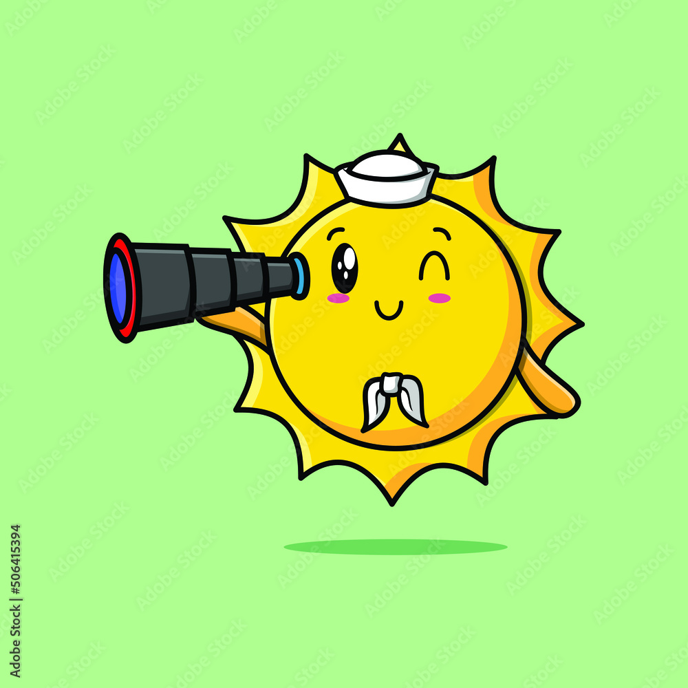 Cute cartoon sun sailor with hat and using binocular cute modern style ...