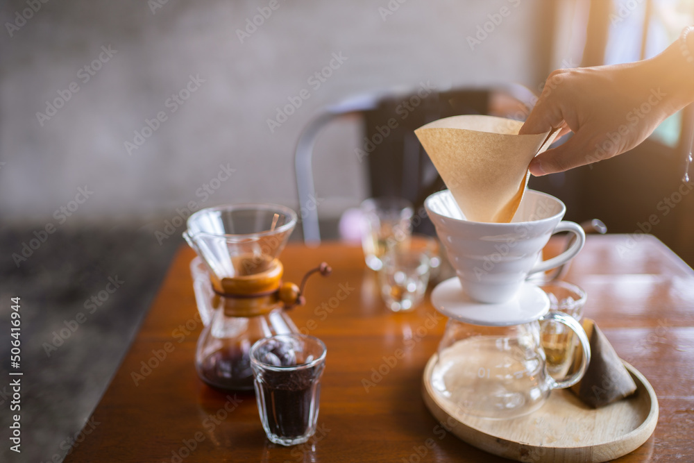 drip coffee. hot arabica coffee brew hand making process by ...