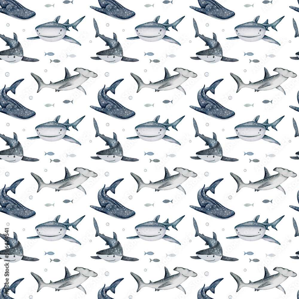 Watercolor cute shark seamless pattern. Nautical ocean print. Baby ...