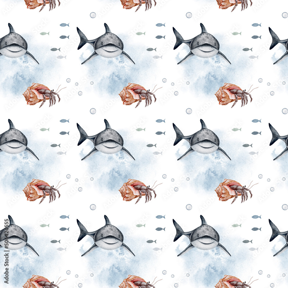 Watercolor cute shark and crab seamless pattern. Nautical ocean print ...