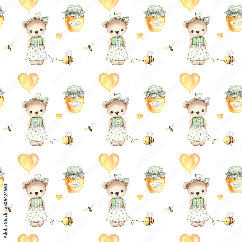 Watercolor teddy bear and honey pattern for decoration design. Cute ...