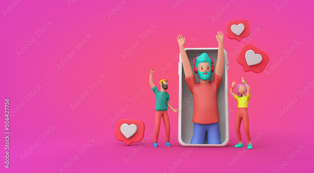 Social media influencer. Cartoon character person standing next to a ...