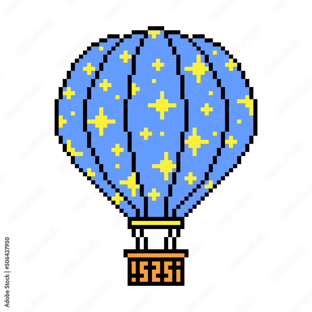 Pixel art blue hot air balloon with yellow star print. Old school ...