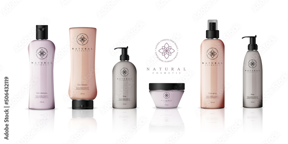 Realistic cosmetic bottles with gradient design on white background ...