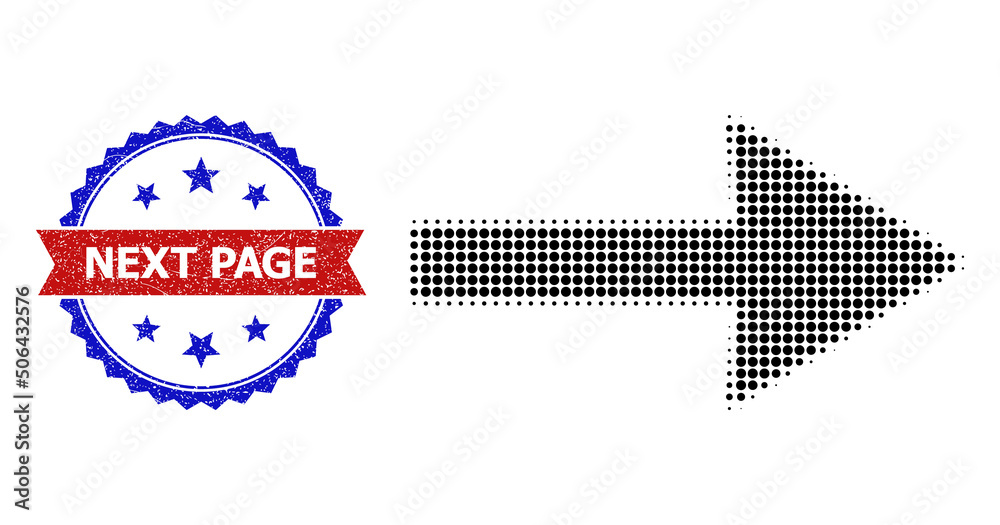 Halftone right arrow icon, and bicolor scratched Next Page seal ...