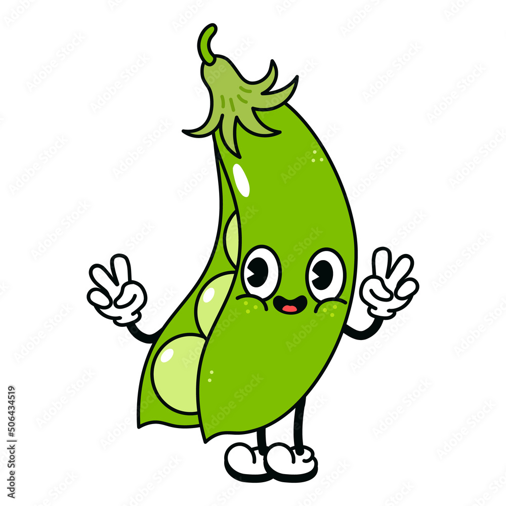 Cute funny peas waving hand character. Vector hand drawn traditional ...