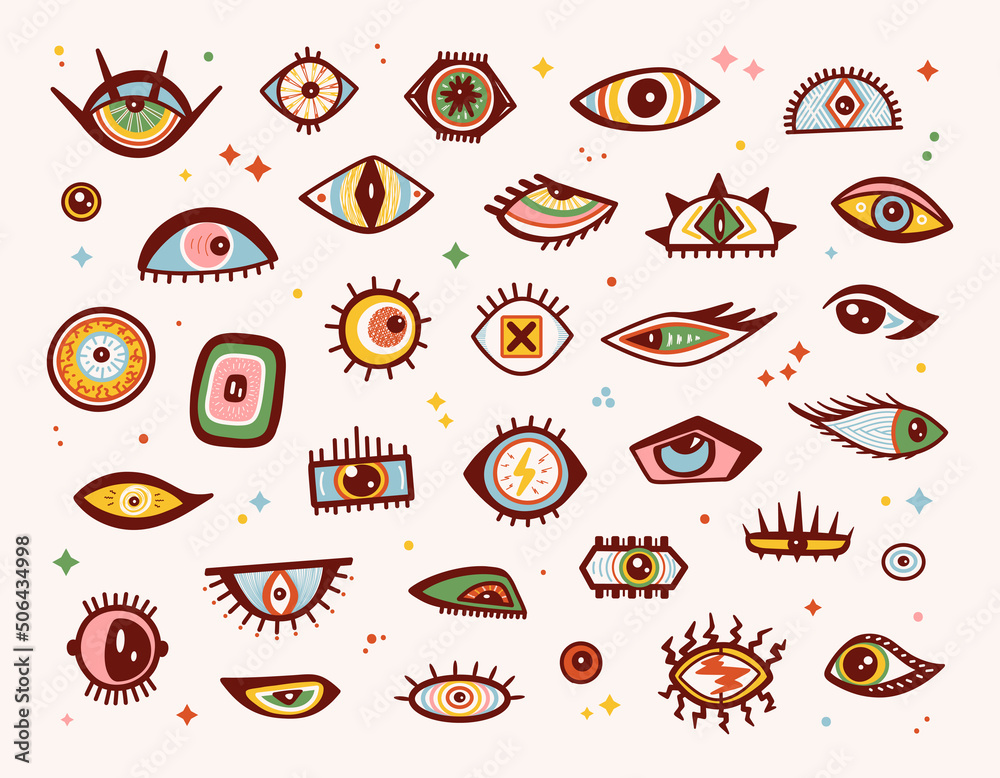 Various Strange Evil and Funny, Comic and Bizarre Eyes Set. Abstract ...