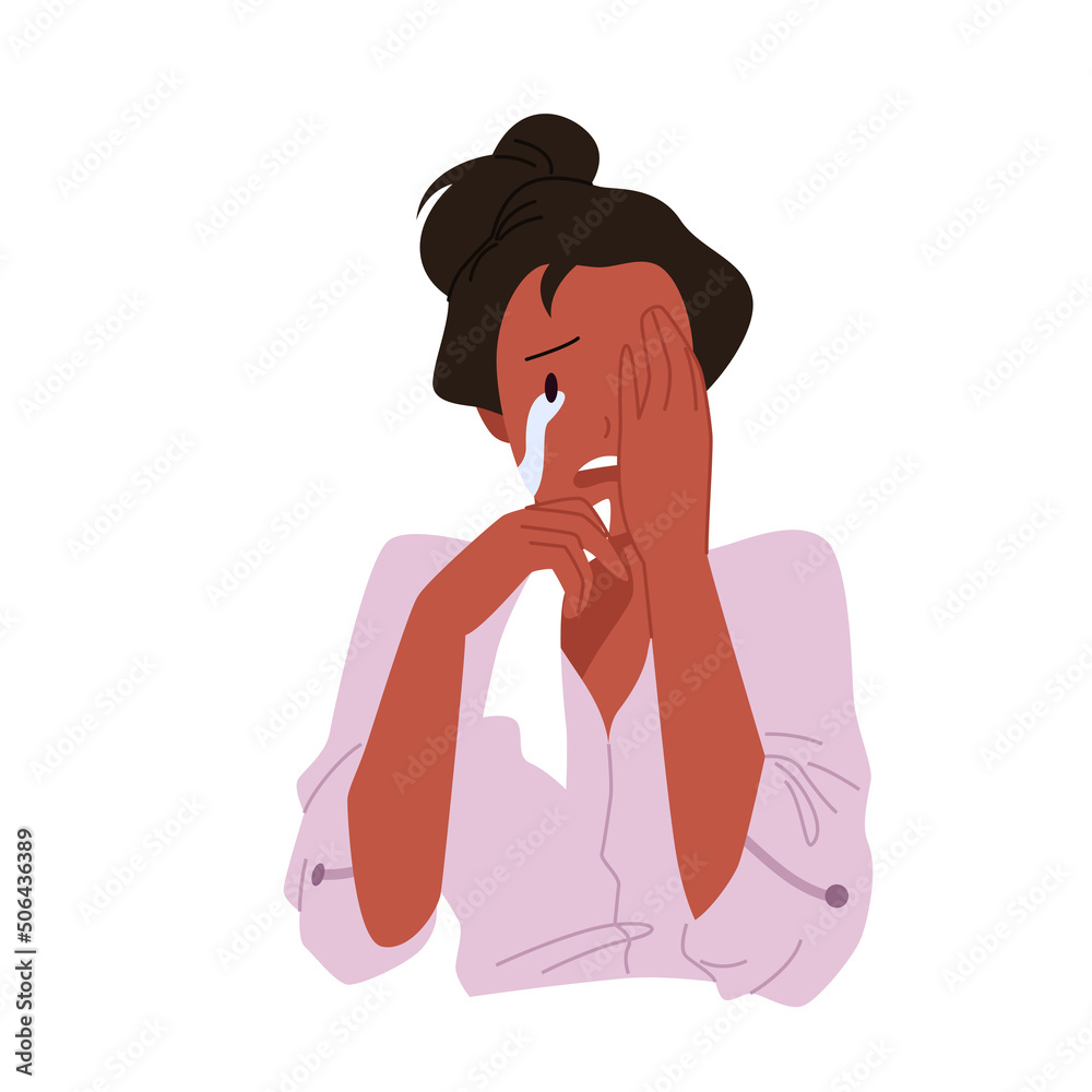 Sad young woman crying vector illustration. Cartoon girl holding ...