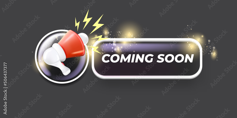 Coming soon horizontal banner with megaphone and button on grey modern ...