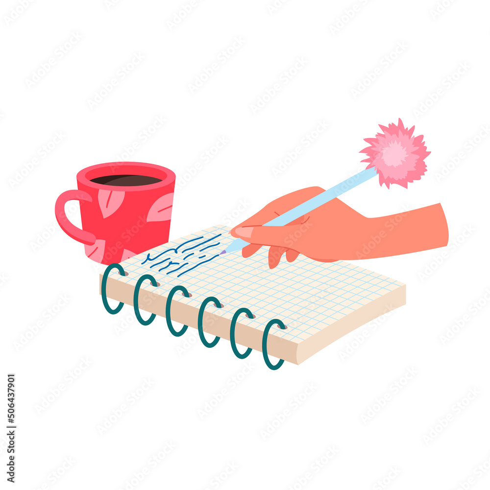 Girls hand holding pen with fluffy ball to write notes in notebook ...