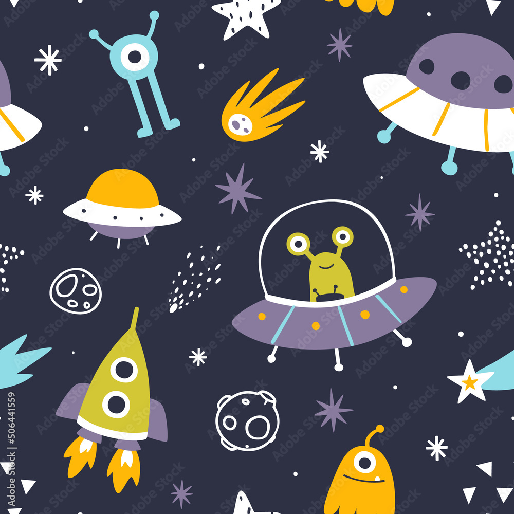 Vektorová grafika „Cute space adventure pattern with aliens on ufo ...