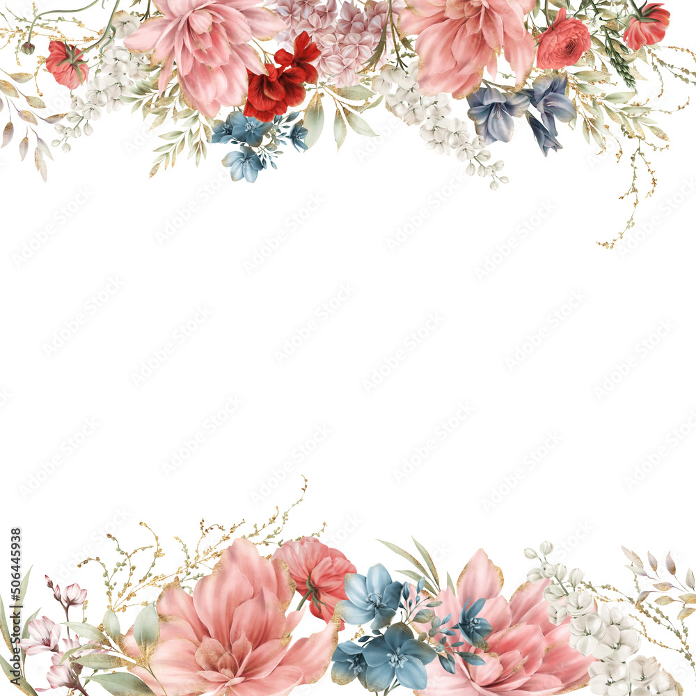 Floral border with garden flowers and foliage, can be used as ...