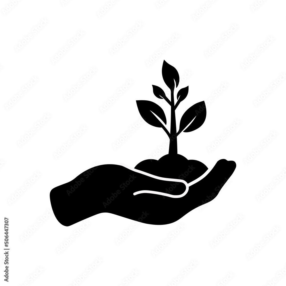 Human hand holds seedling with leaves solid icon, agriculture concept ...