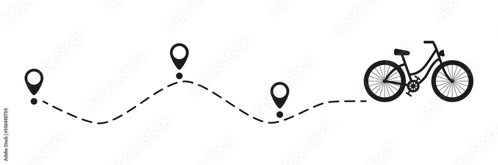 Bicycle silhouette with line start point. Black bike shape driving on ...