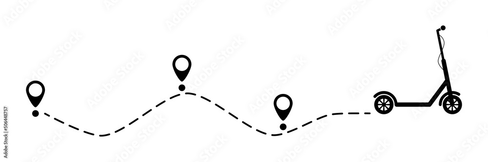 Scooter icon with line start point. Eco scooter driving on dotted route ...