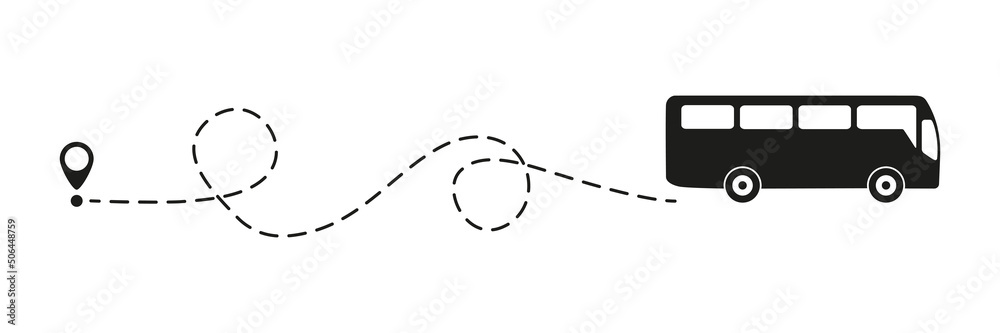 Bus icon with line start point. Bus driving on dotted route with map ...