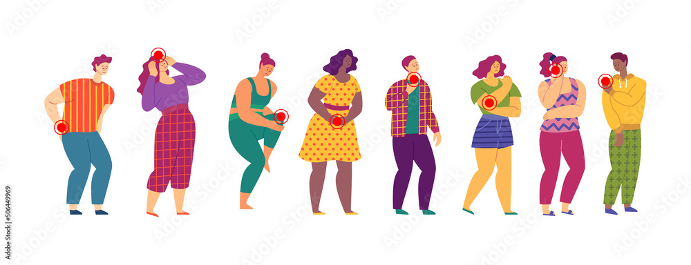 Cartoon Color Characters People and Ache Pain Different Types Concept ...