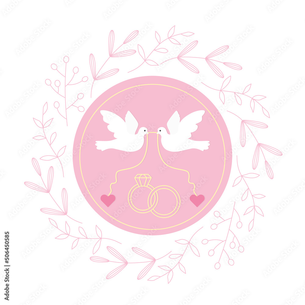 wedding invitation design template with two doves, rings and floral ...