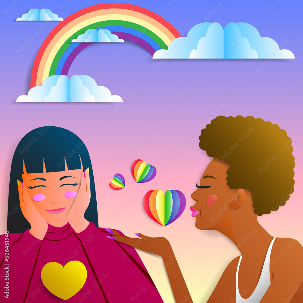 LGBTQ Pride Month. Cut colored paper, heart and woman couples blow a ...