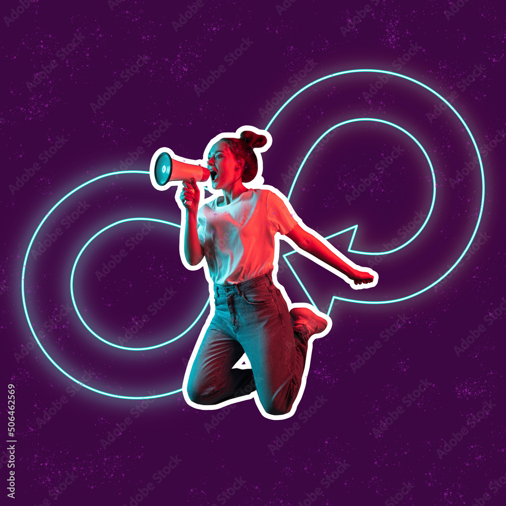 Contemporary art collage. Young girl with megaphone jumping over ...