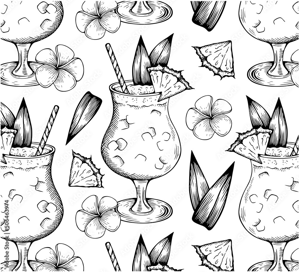 Sketch drawing pattern of Pina Colada cocktail on white background ...