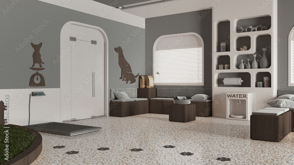 Veterinary clinic waiting room in dark and wooden tones. Sitting area ...