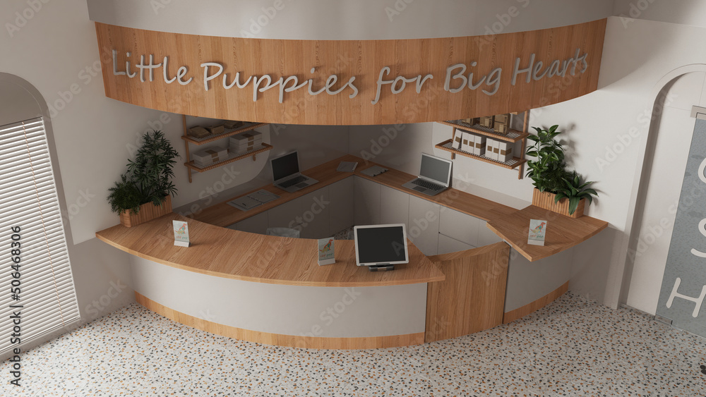 Veterinary clinic reception desk in white and wooden tones. Shelves ...
