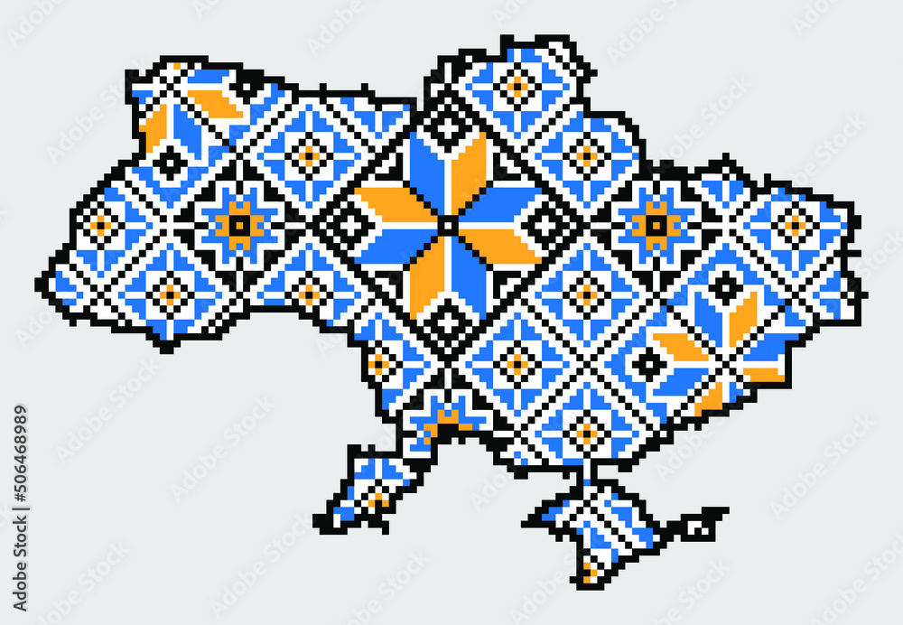 Ukraine map in traditional embroidery pattern colors - blue, yellow ...