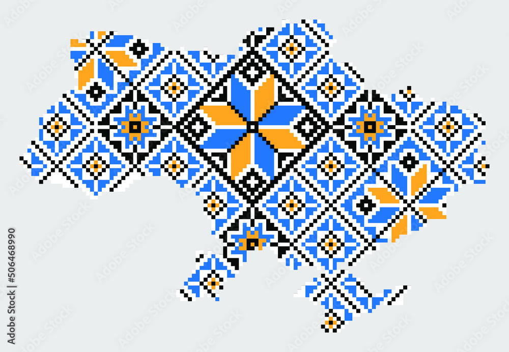 Ukraine map in traditional embroidery pattern colors - blue, yellow ...