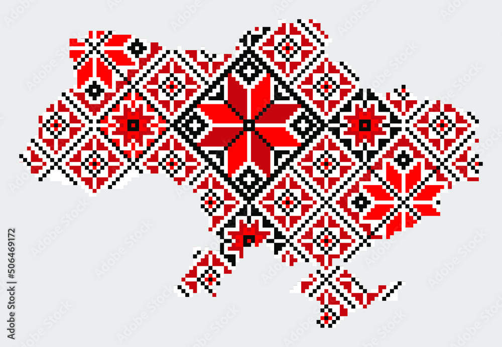 Ukraine map in traditional embroidery pattern colors - blue, yellow ...