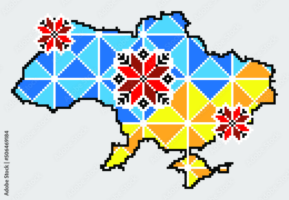 Ukraine map in traditional embroidery pattern colors - blue, yellow ...