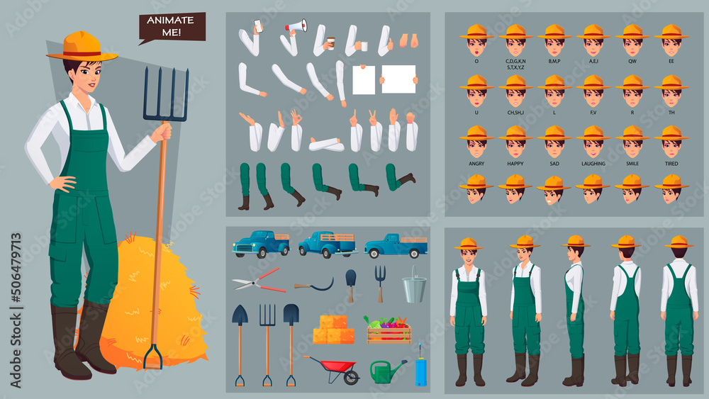 Female Farmer Character Constructor set with Various Gestures and Poses ...