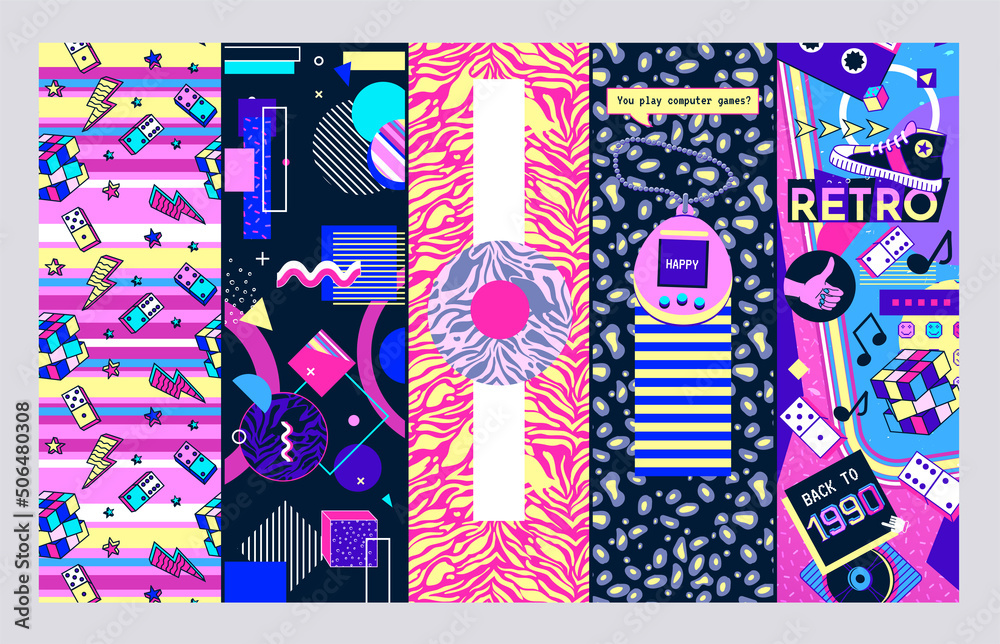 90s retro textures. Trend fashion pop music vertical posters with party ...