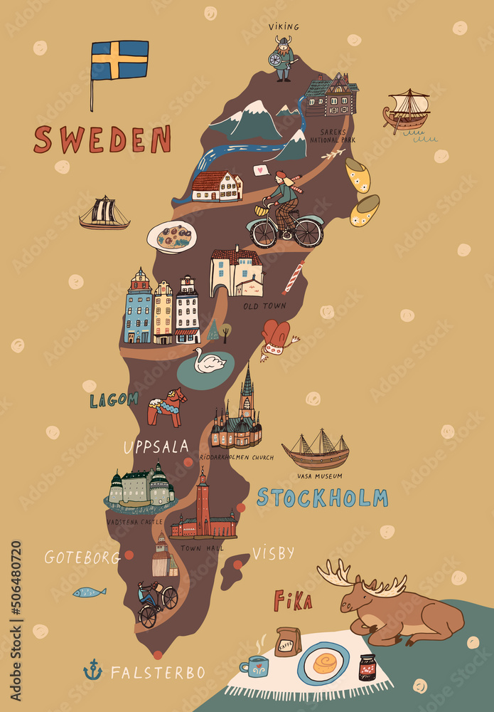 Stockholm Sweden travel touristic map architecture objects, landmarks ...