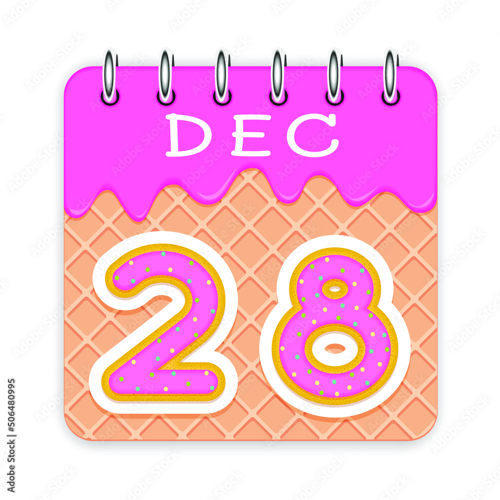 28 day of a month. December. Waffle cone calendar with melted ice cream ...