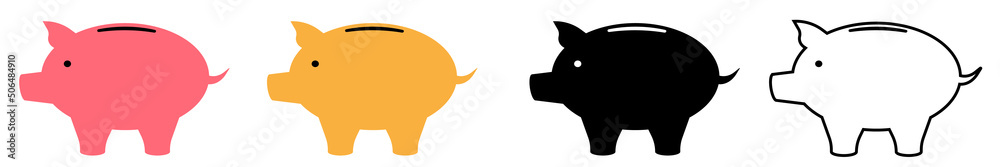 Piggy bank icon set. Cute pig shaped money box with its falling coin ...