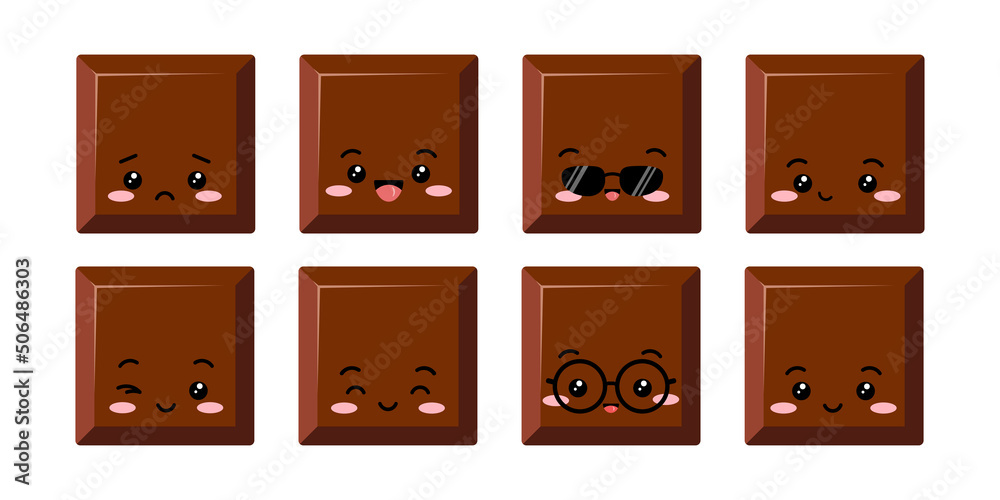 Cute square chocolate bar piece kids emoji character vector icon set ...